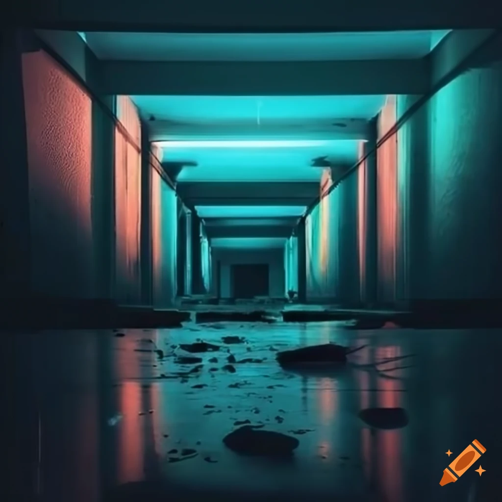 Dark and empty shopping mall in a liminal space with lights out on Craiyon