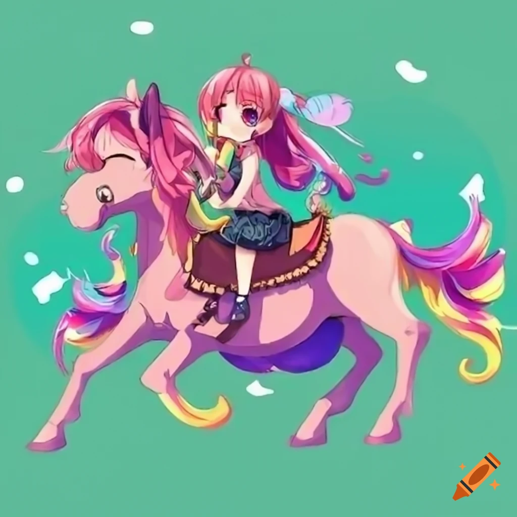 Anime character riding a colorful pony
