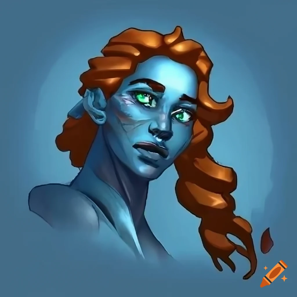 Image of a blue-skinned female air genasi with copper hair