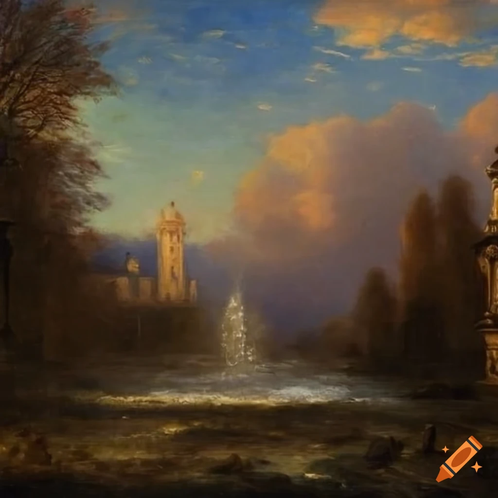 Neoclassical landscape painting with lanterns and a fountain on Craiyon