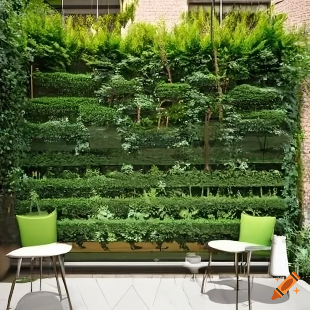 Lush green parklet with towering wall on Craiyon