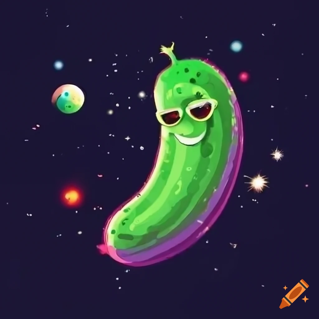 Cartoon pickle on a rainbow in space on Craiyon