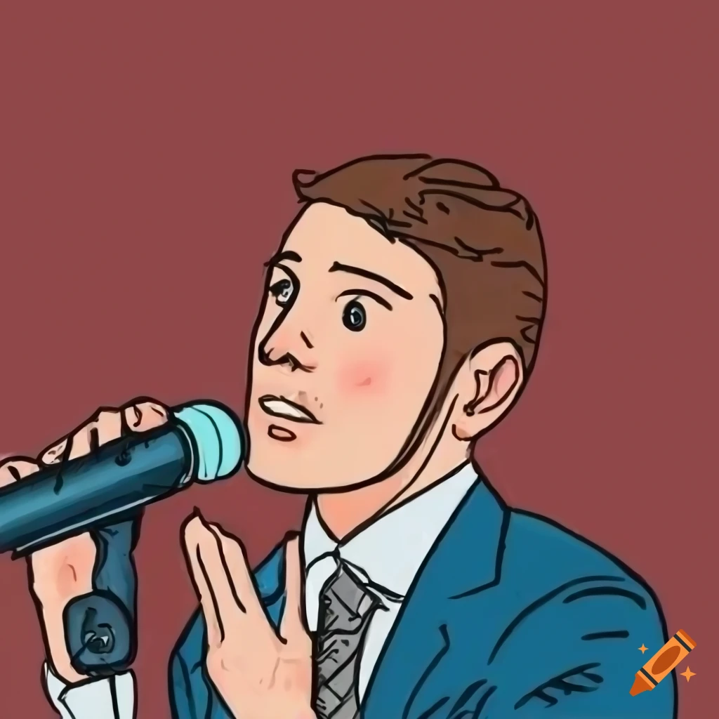 Drawing of a clean-shaven man in a suit holding a microphone on Craiyon