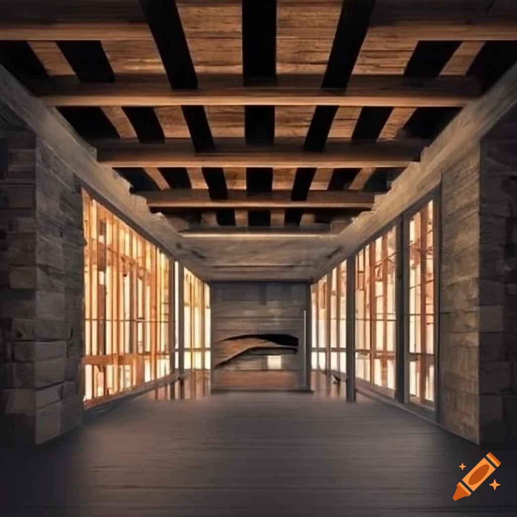 Modern commercial area with wooden floor and exposed black wooden ceilings