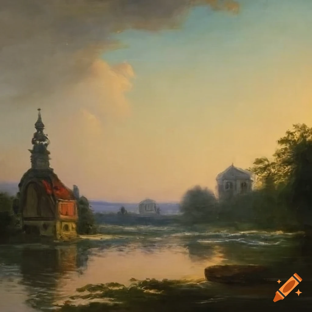 Neoclassical landscape painting with a small house and fountain on Craiyon