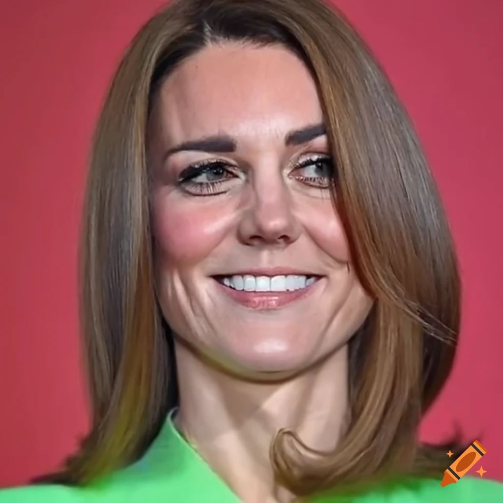 Kate middleton with a green tube top and straight bob haircut on Craiyon