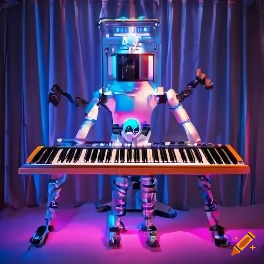 Robot playing synthesizer with colorful lights on Craiyon