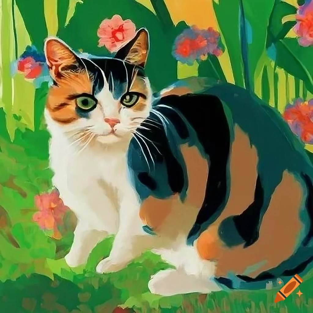 Calico cat in a colorful garden on Craiyon