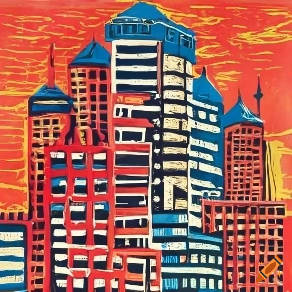 Colorful lino print of a 1950's comic cityscape with flying machines on ...