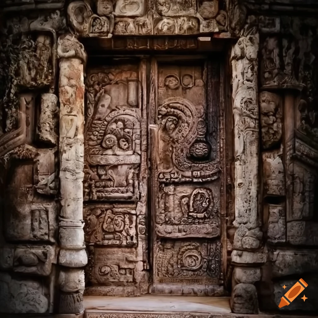 Stone doors of a european church with mayan influence on Craiyon