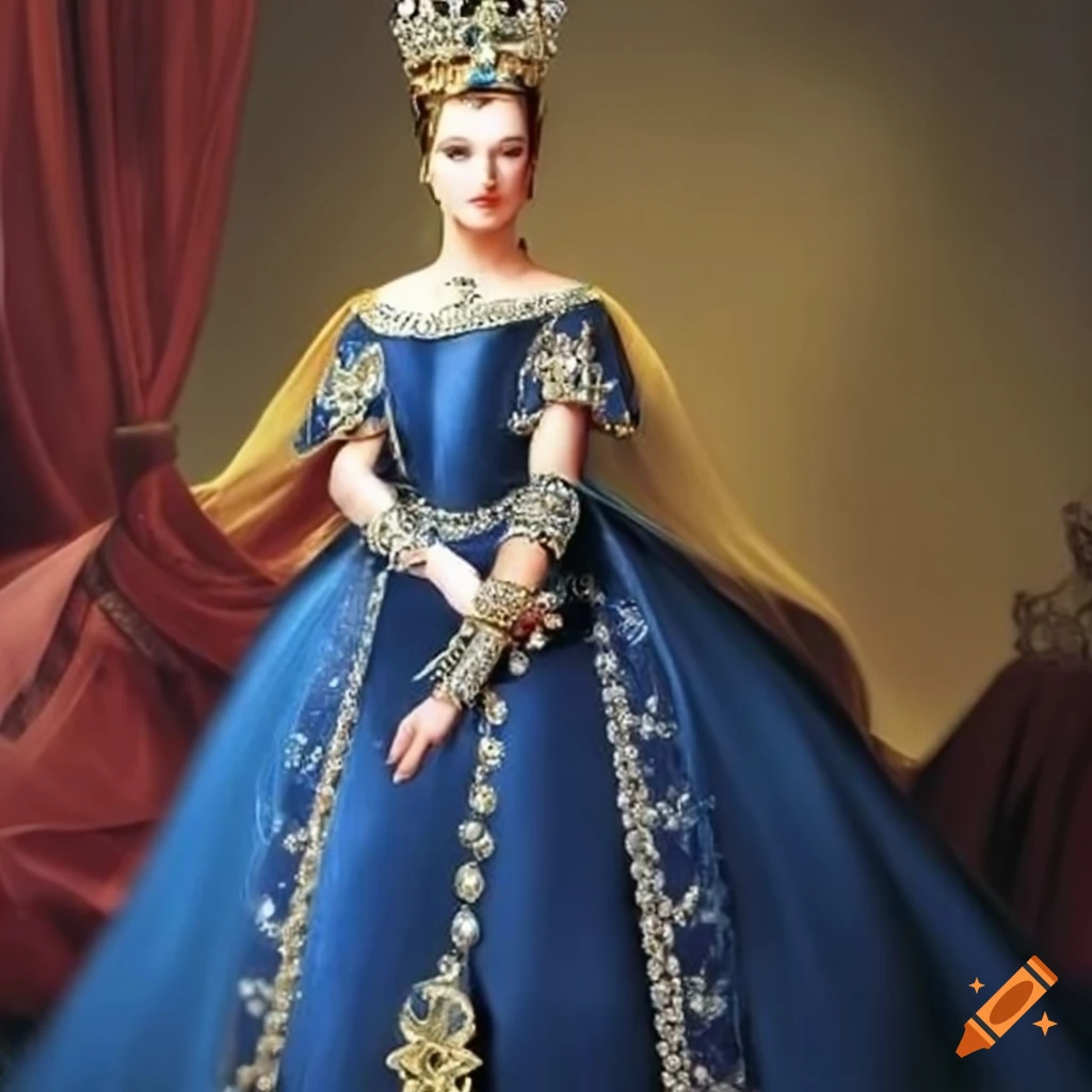 Portrait of a young queen in a blue ballgown on Craiyon