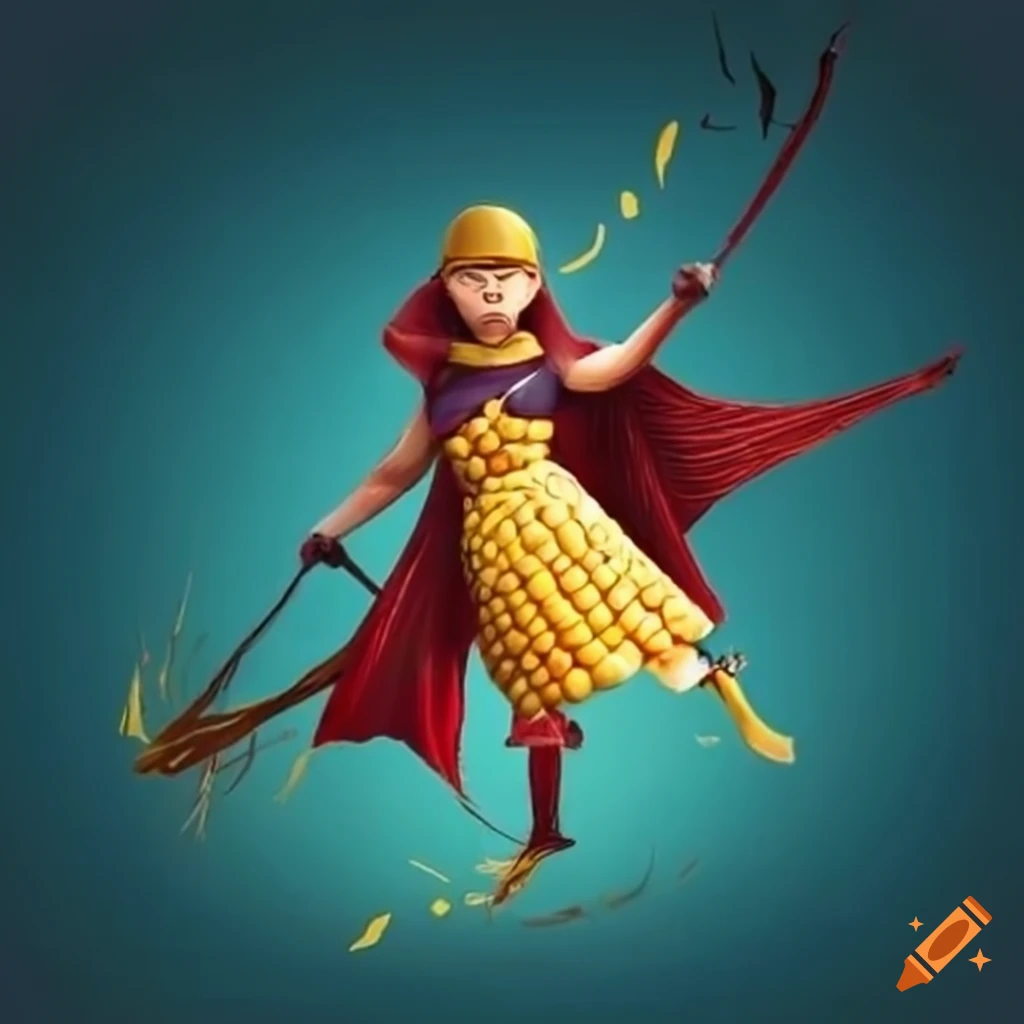 Humorous image of a flying corn seed with a hero cape on Craiyon