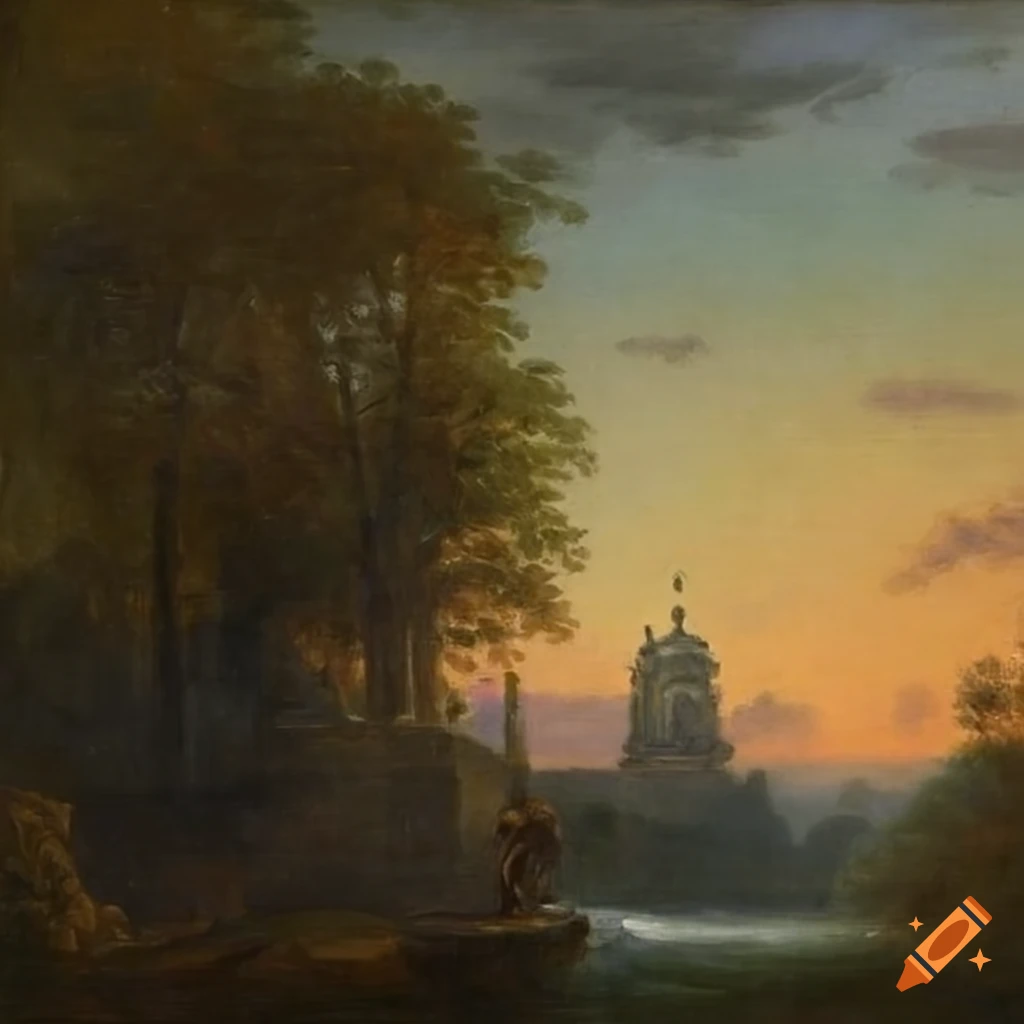 Neoclassical landscape painting with a house and running waters on Craiyon