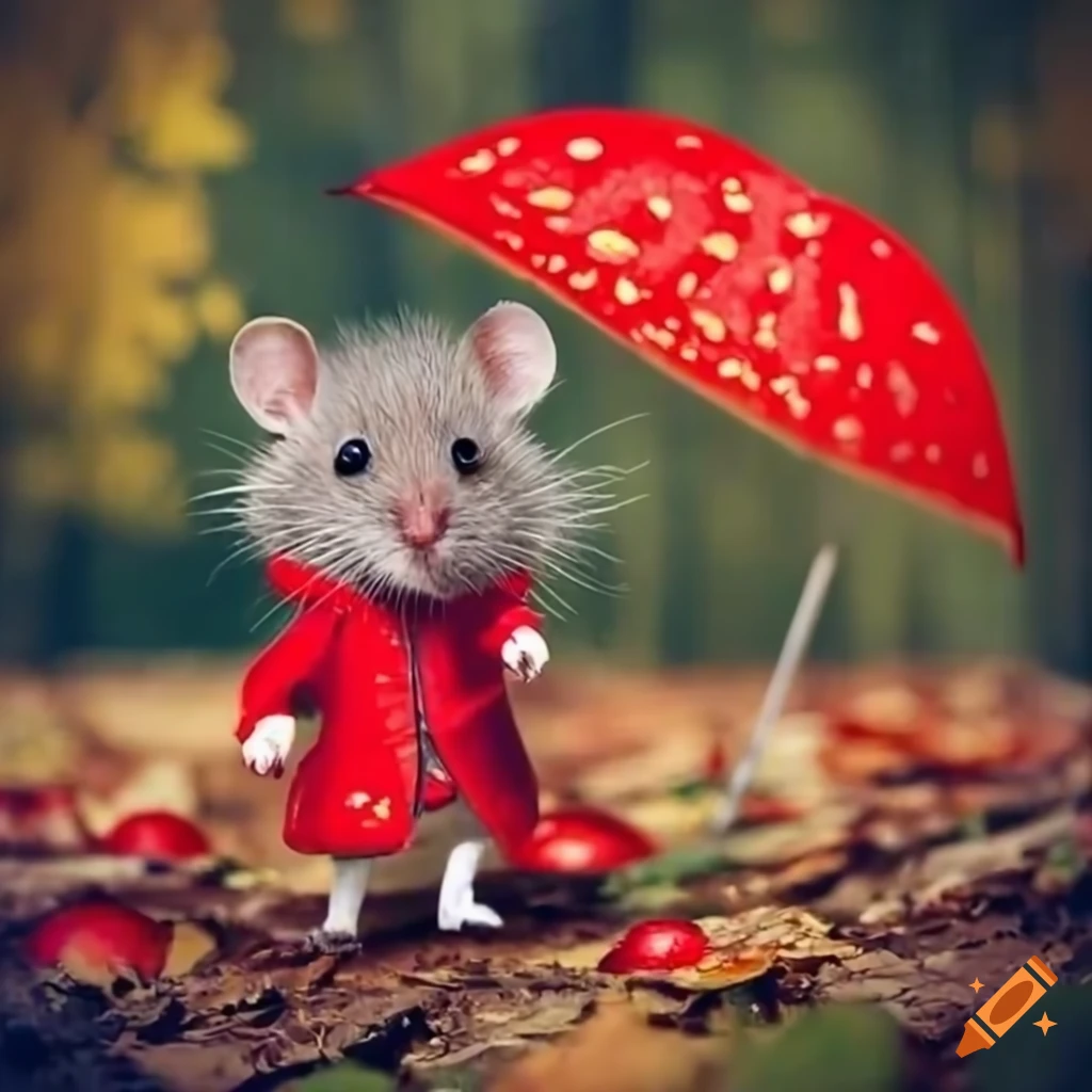 Illustration of a mouse in a red jacket and hat walking in the fall ...