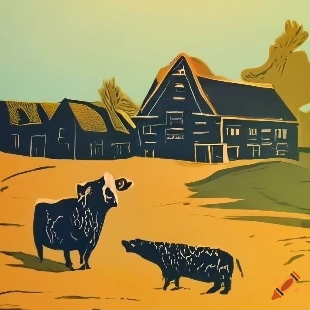 Linocut artwork of a farm with cow, pig, and chicken on Craiyon