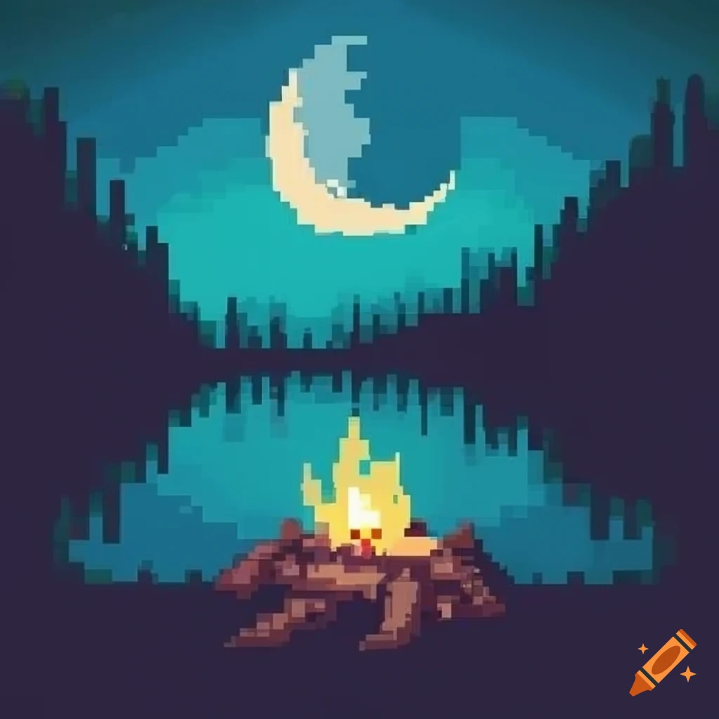 Pixel art of a moonlit forest with a campfire on Craiyon