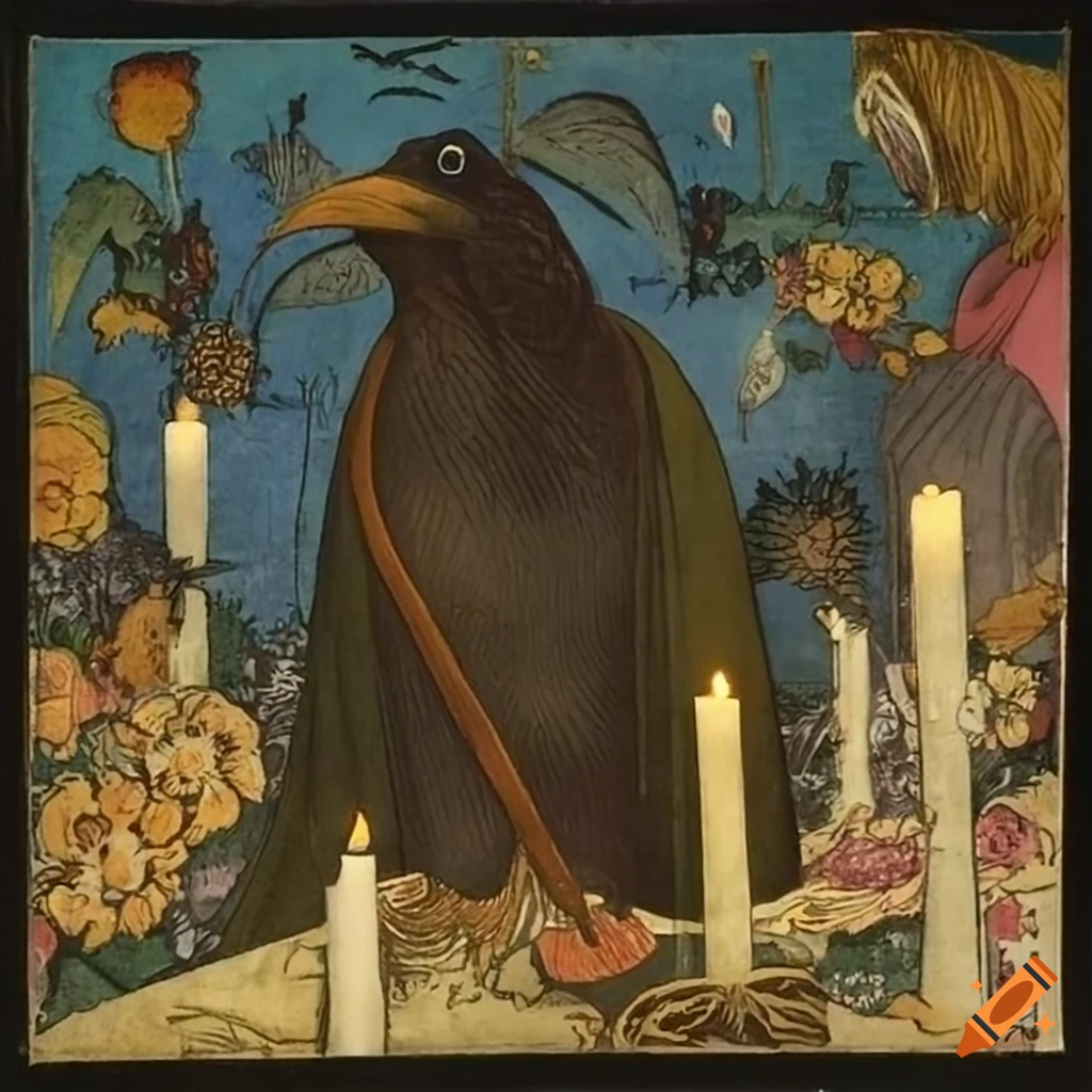 Japanese Woodcut of a Raven in a Wizard's cloak in a moonlit forest on ...