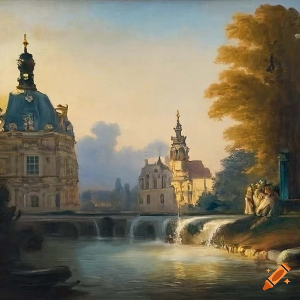 Neoclassical landscape painting with a white house in a fountain on Craiyon