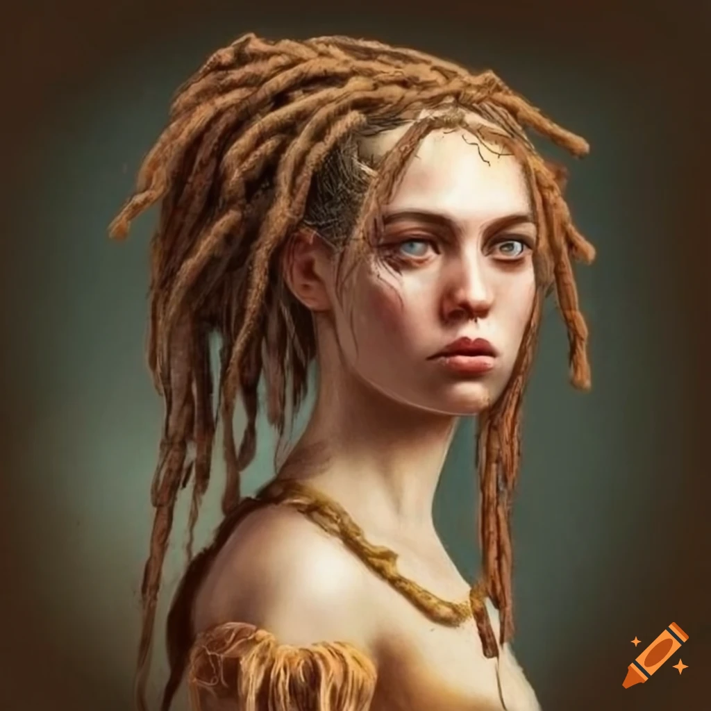 Detailed portrait of a prehistoric woman with dreadlocks in a ...