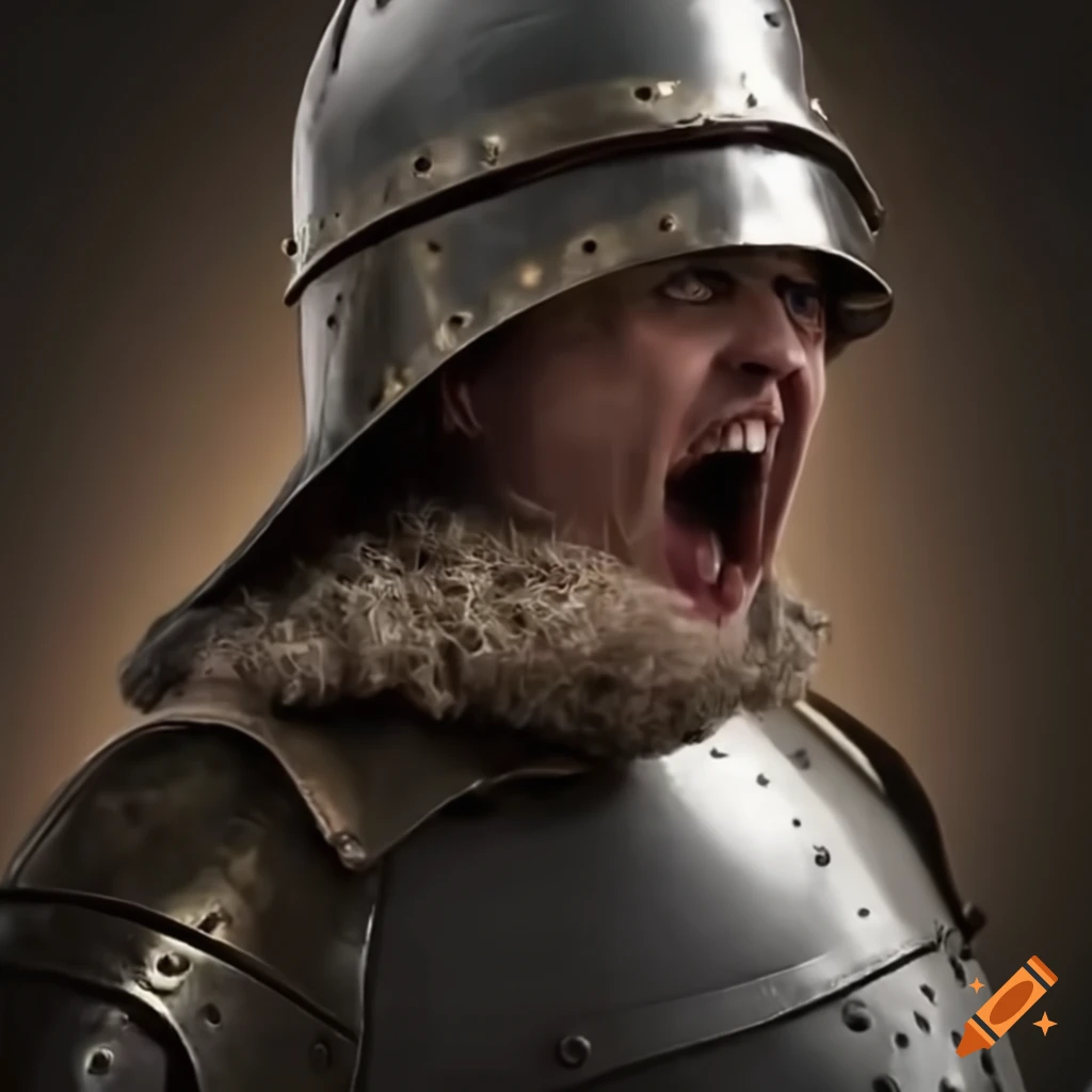Man yelling in a medieval helmet on Craiyon