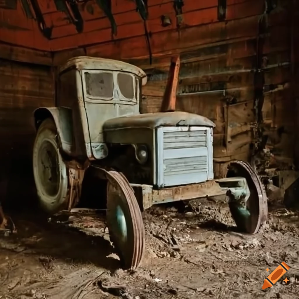 Abandoned soviet tractor in a barn on Craiyon