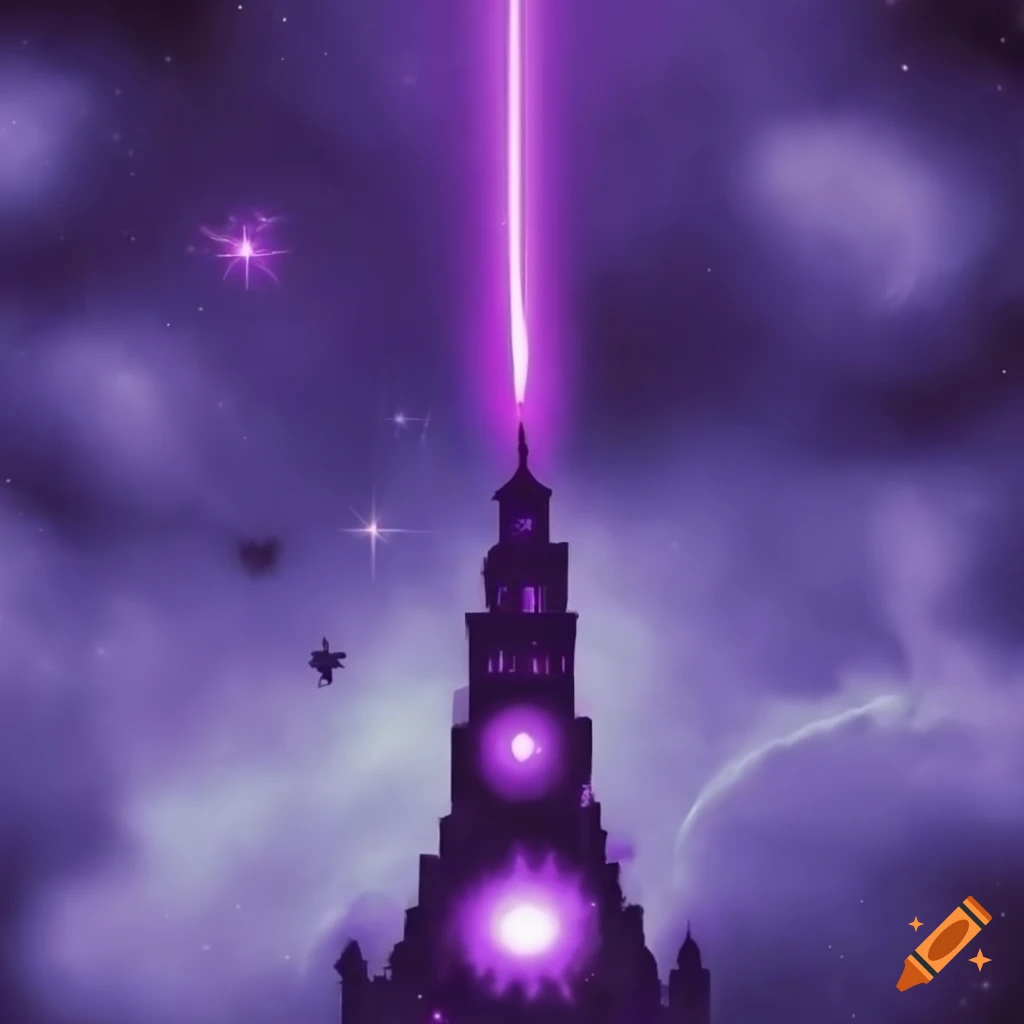 Purple laser beam firing from magical tower in incredible kingdom city ...