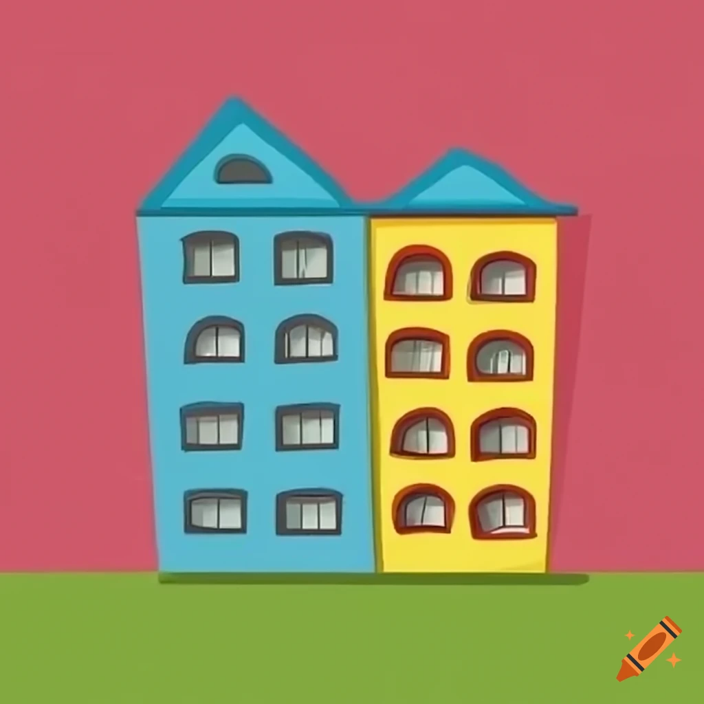 Colorful cartoon building with playful shadow on Craiyon