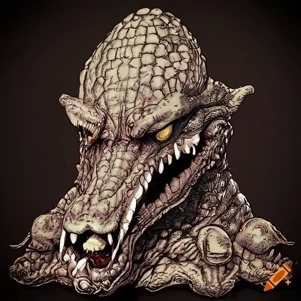 Horror artwork of a crocodile-headed kaiju with tentacle arms on Craiyon