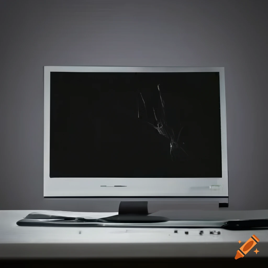 Computer with broken screen in a dark room on Craiyon