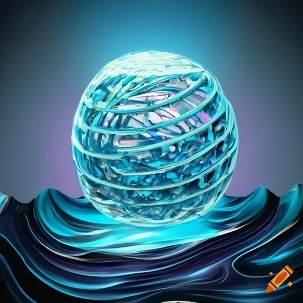 Vibrant 3d abstract art of a mechanical ball made of sea waves on Craiyon