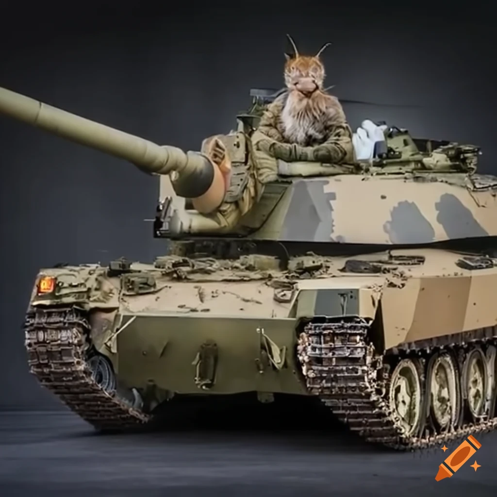 Cats posing with tanks and army trucks