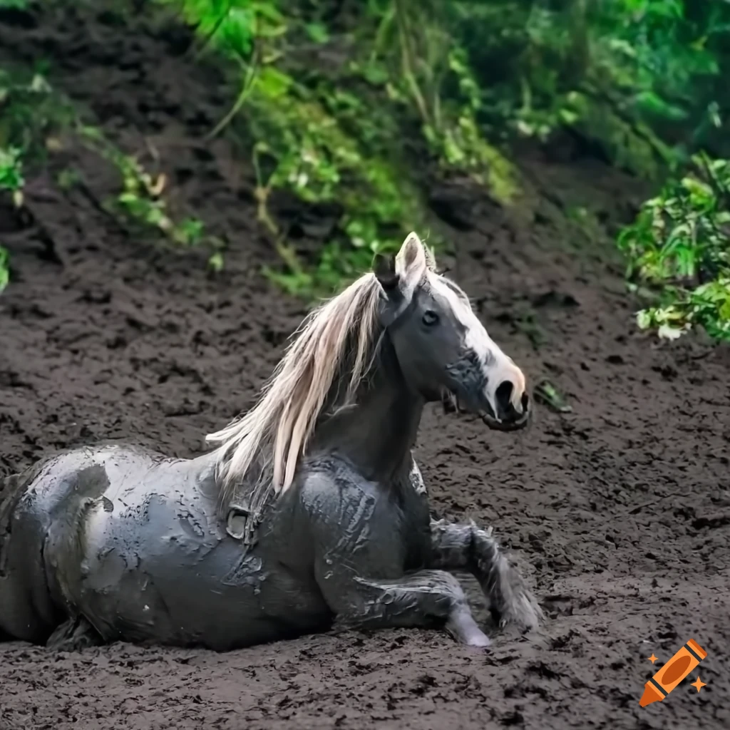 Horse enjoying a mud bath in the jungle on Craiyon