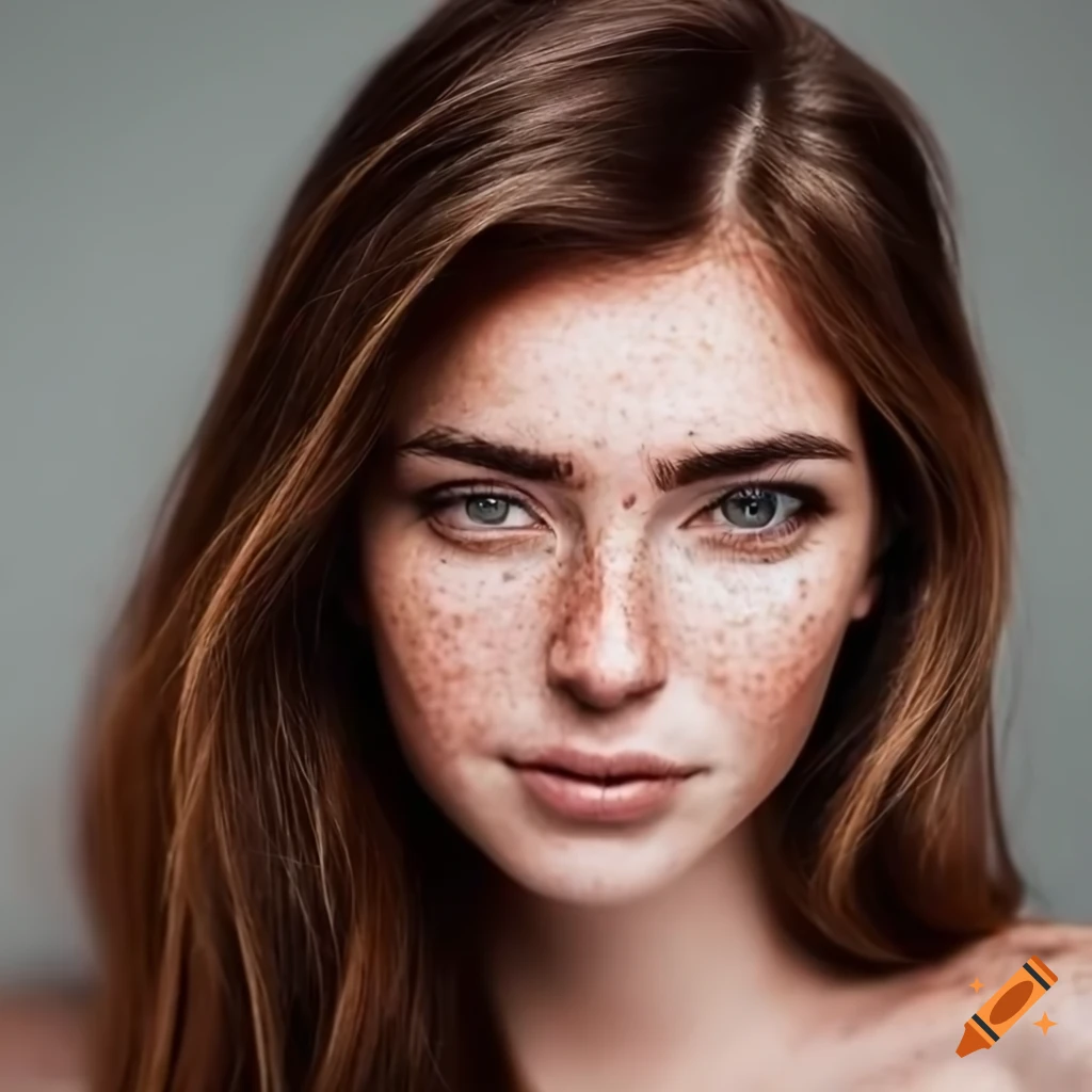 Portrait of a beautiful young woman with freckles and dark brown hair ...