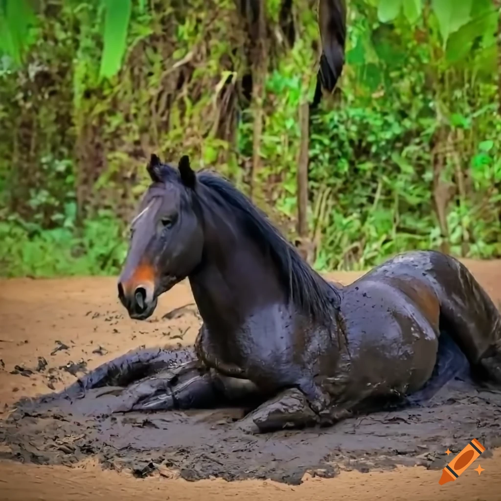 Horse enjoying a mud spa in the jungle