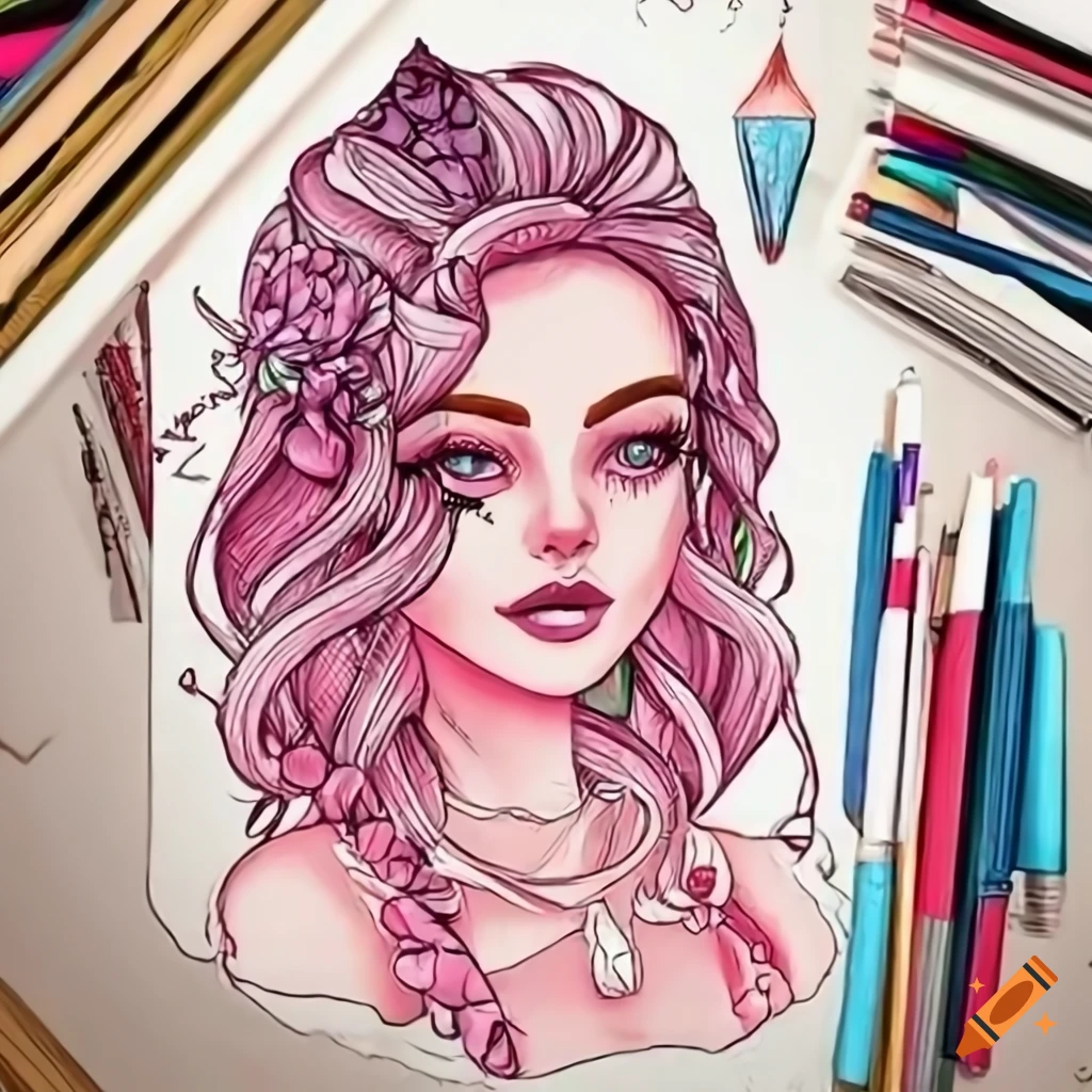 Intricate coloring page of a detailed e-girl on Craiyon