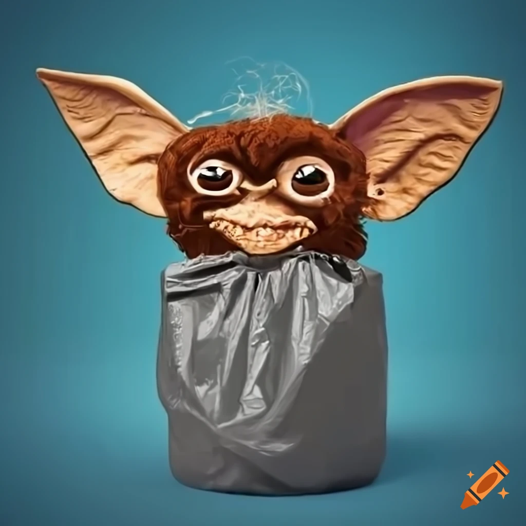 Surreal art of a gremlin wearing a trash bag