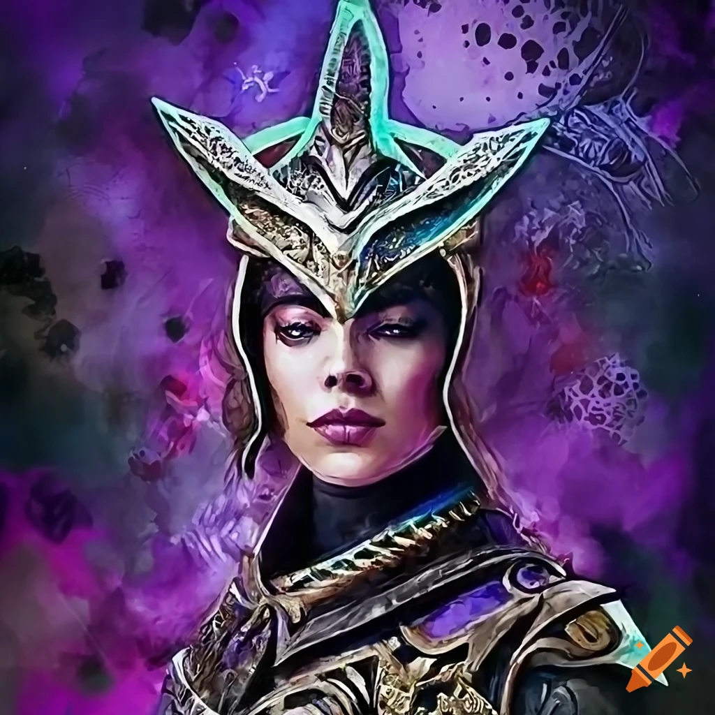 Digital drawing of an intricately armored alien warrior queen on Craiyon