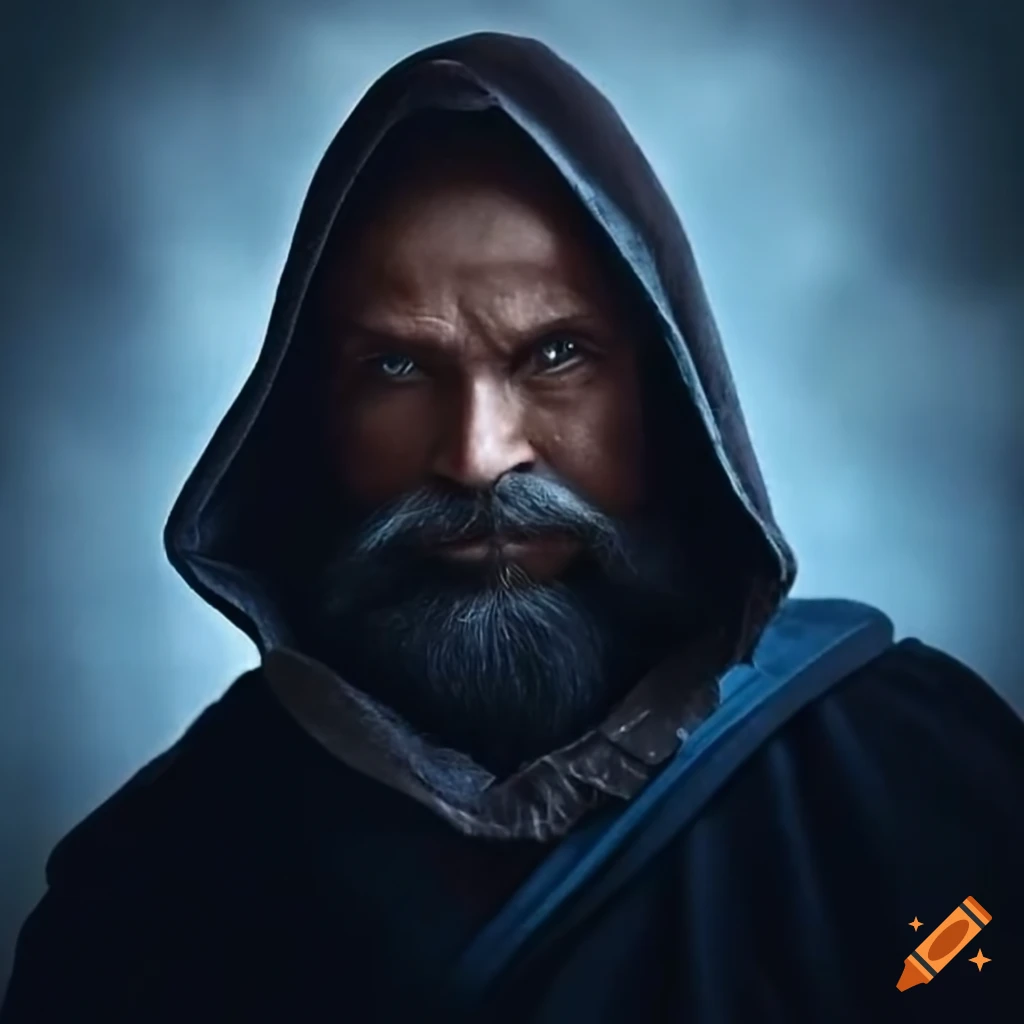 Portrait of a wizard with blue eyes and a short beard on Craiyon