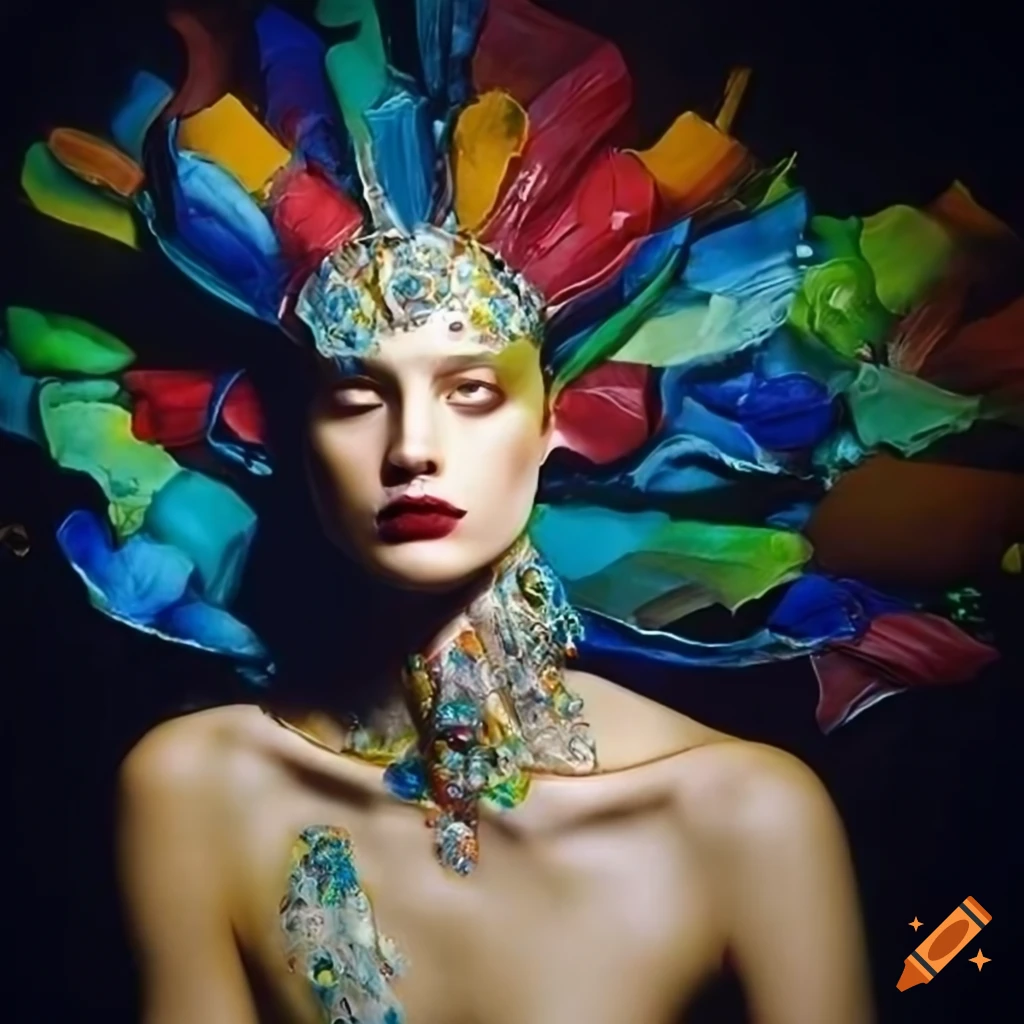 Vibrant photo of a vogue model in recycled paper clothes