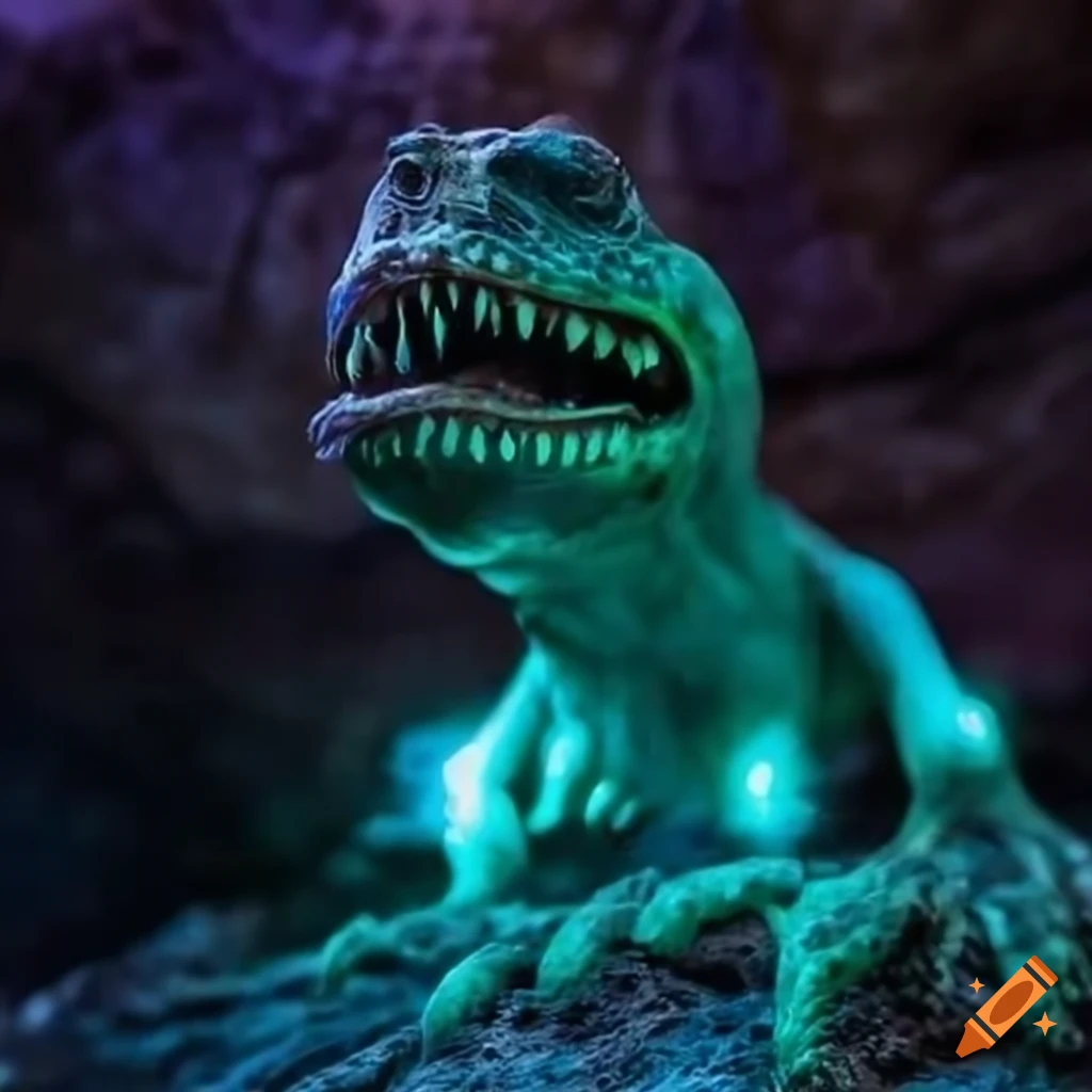 Sinister creature with glowing eyes in a dark cave
