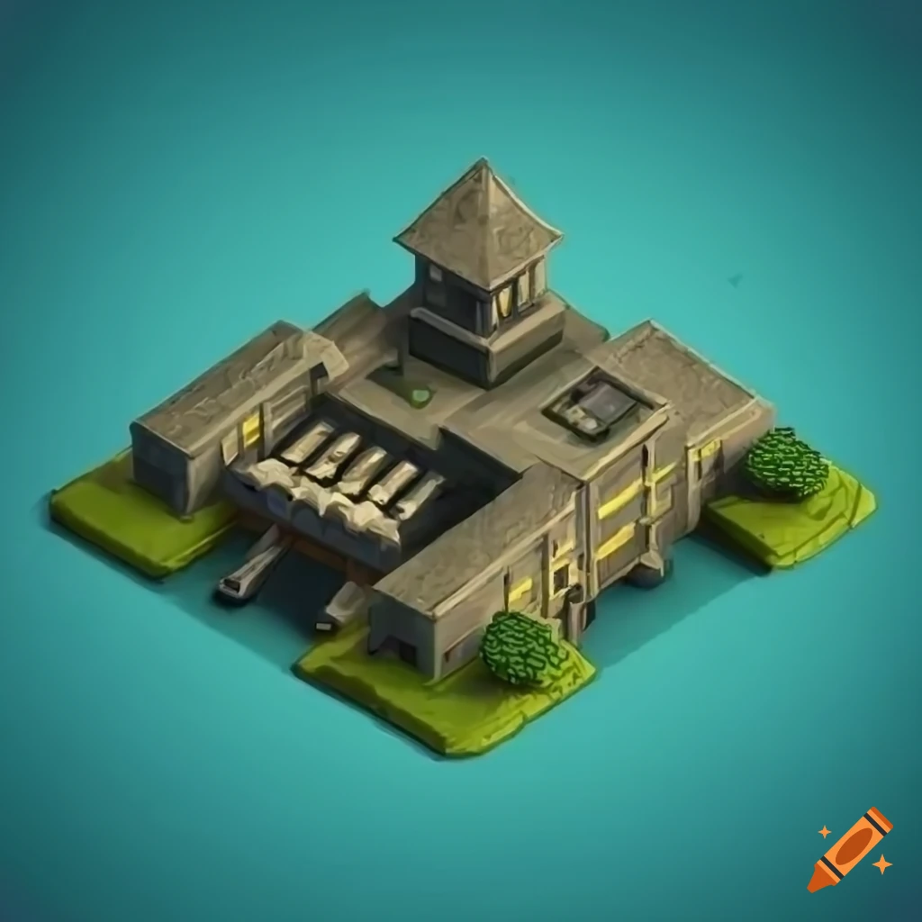 Colored isometric view of a military barrack on Craiyon