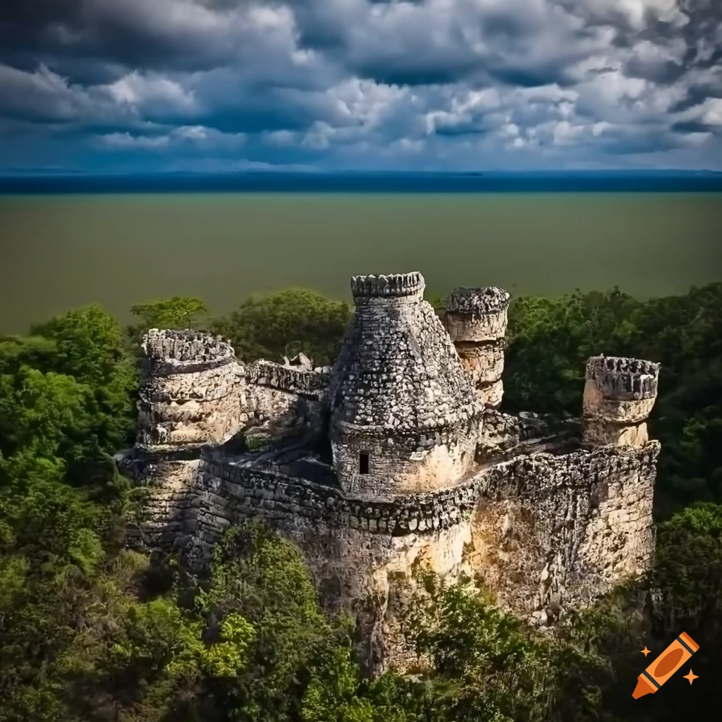 Aerial view of a medieval castle with mayan-inspired towers on Craiyon