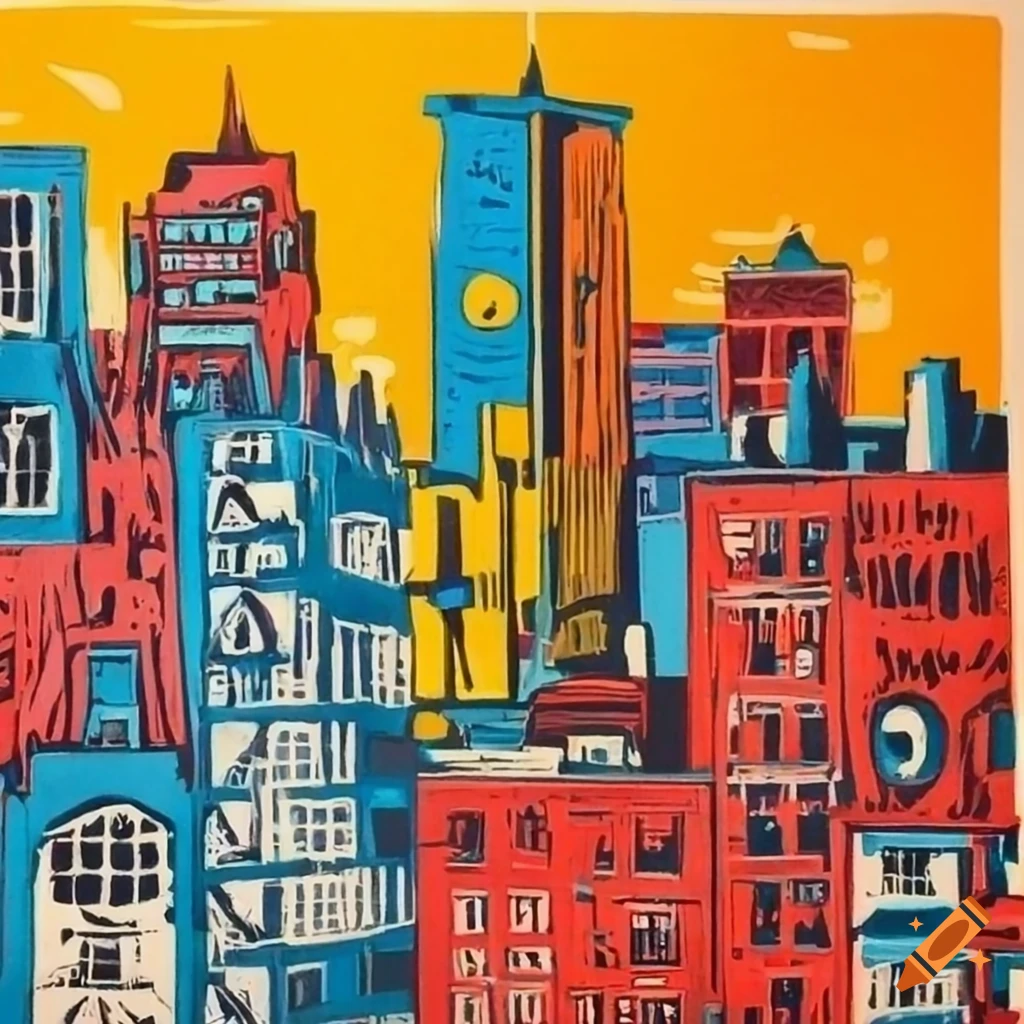 Lino print cityscape with colorful flying machines on Craiyon