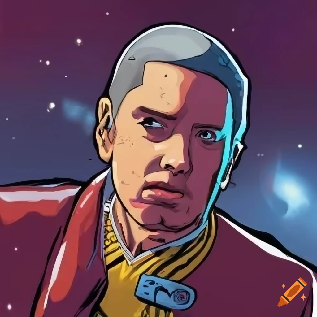 Cartoon art of Eminem as the captain of the starship Enterprise on Craiyon