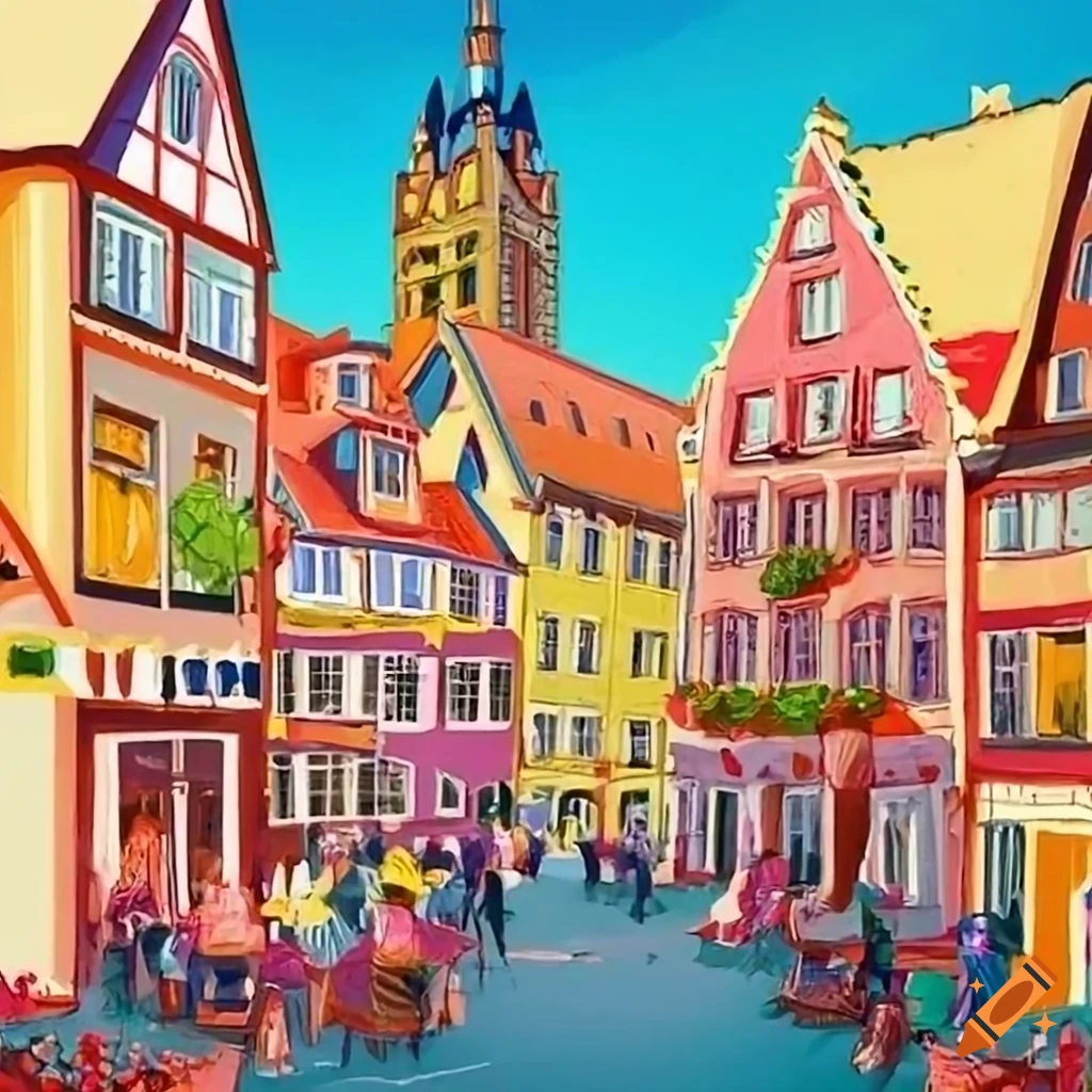 Vibrant european city scene with colorful houses