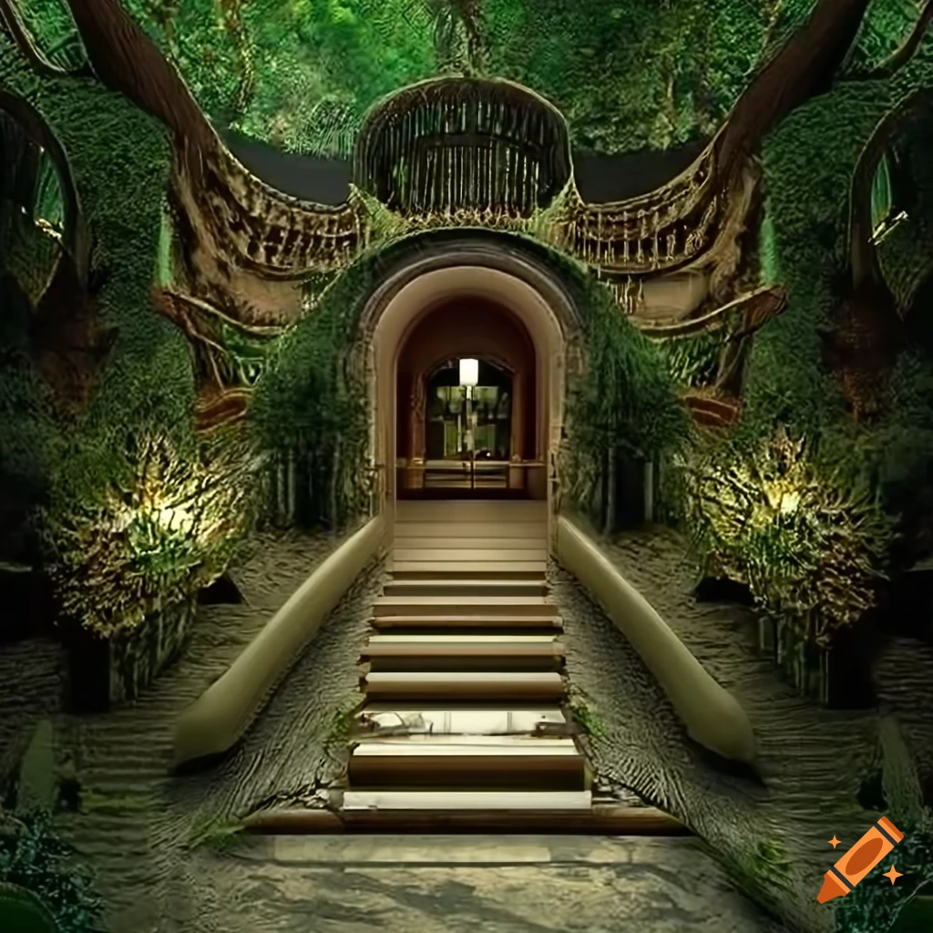 Fantasy moss-covered building with helical staircase on Craiyon