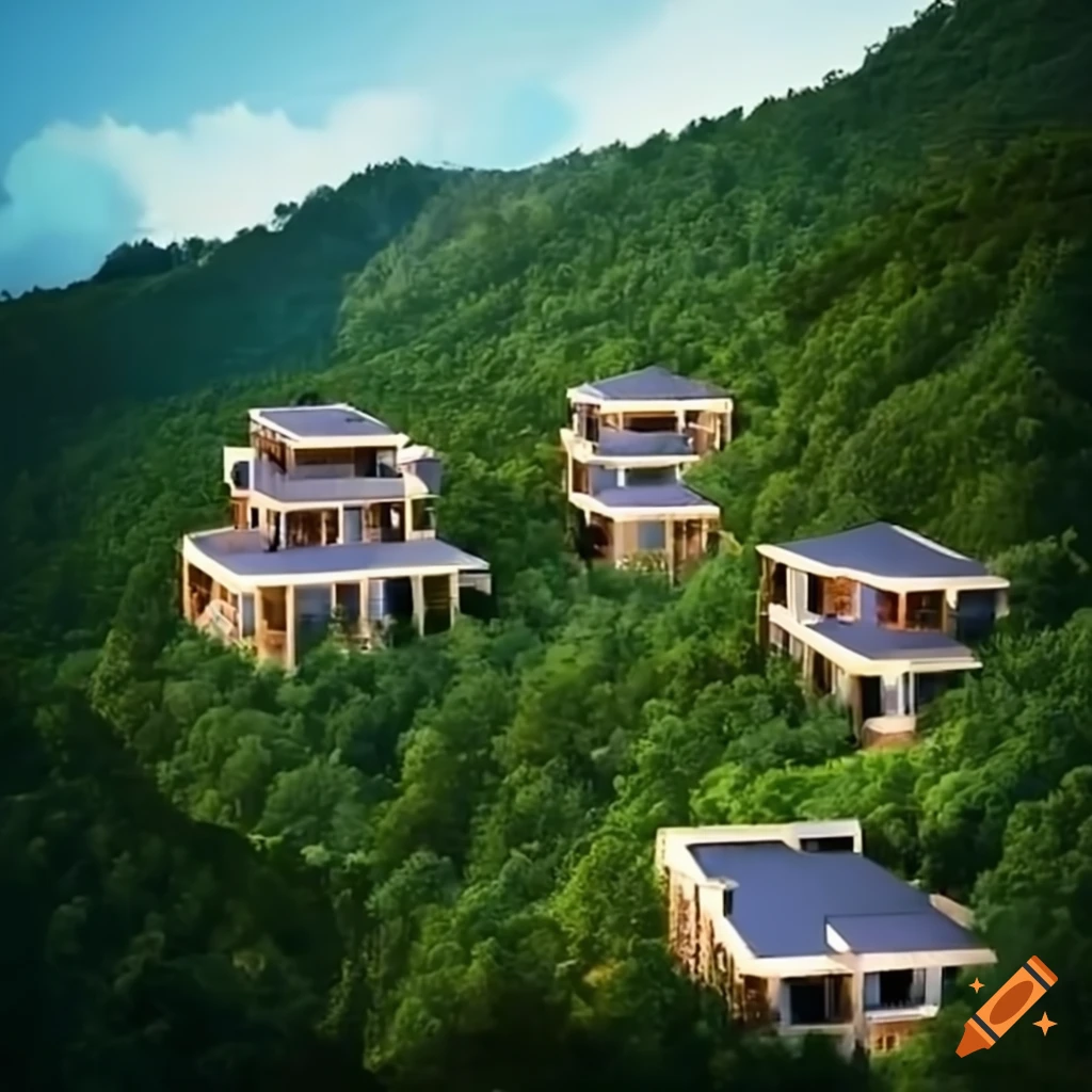 Glass resort on a rainy hillside on Craiyon