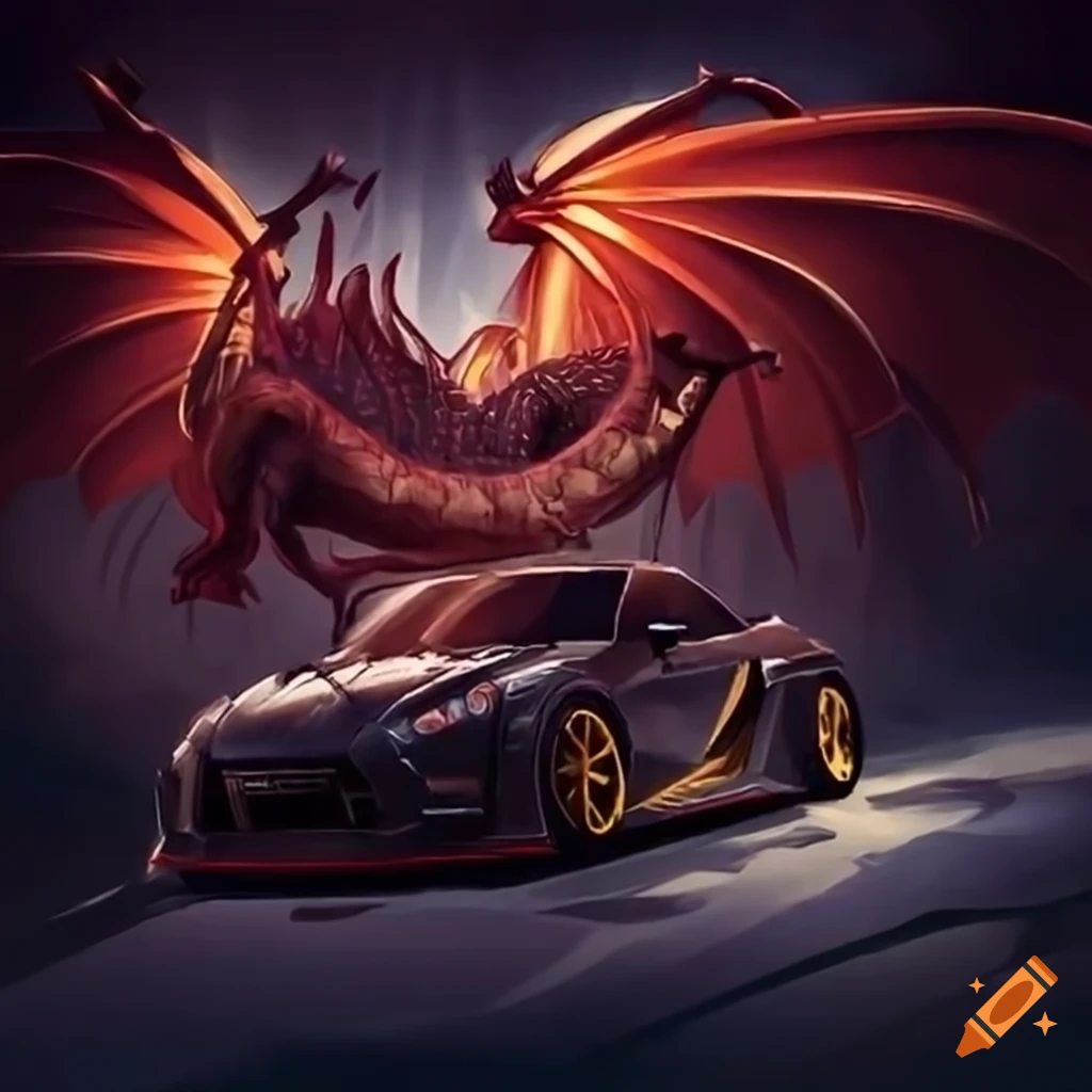 Nissan GTR battling a dragon illustration on Craiyon