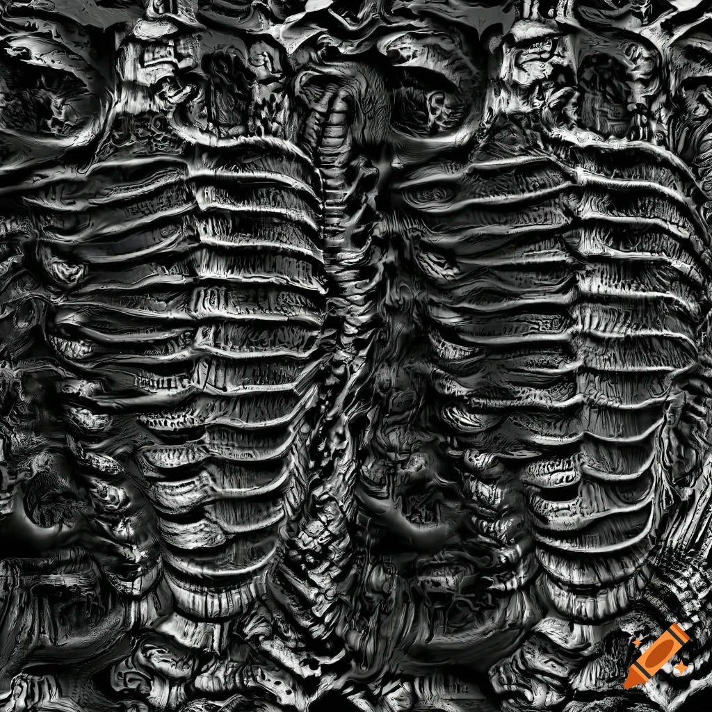 Detailed black and white biomechanical rib texture on Craiyon