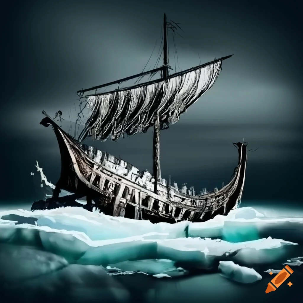 Black and white illustration of a stormy ocean with viking ship wreckage